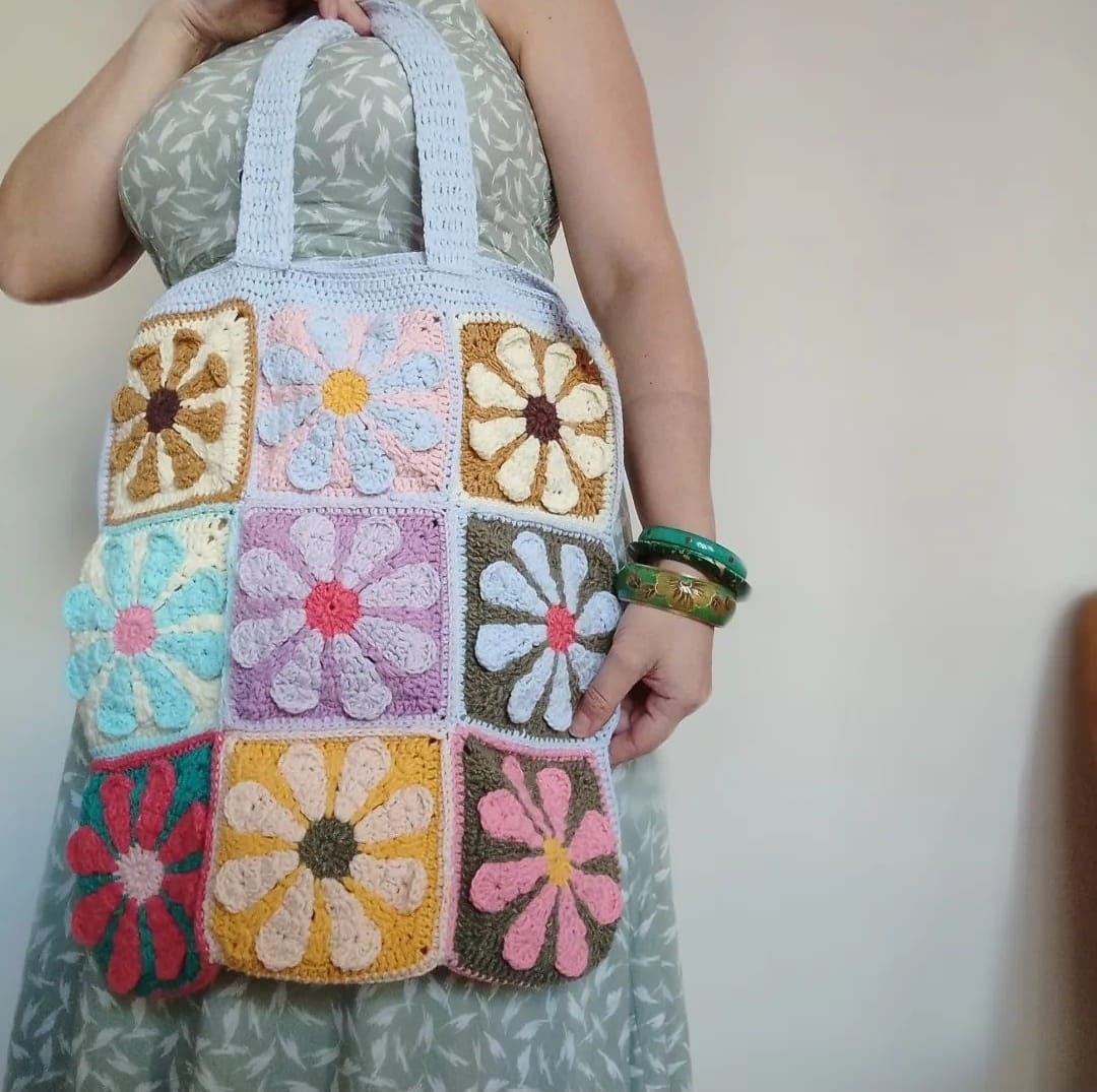 Crochet Daisy Bag, Granny Square Bag, Mustard Afghan Bag, Flower Tote ...