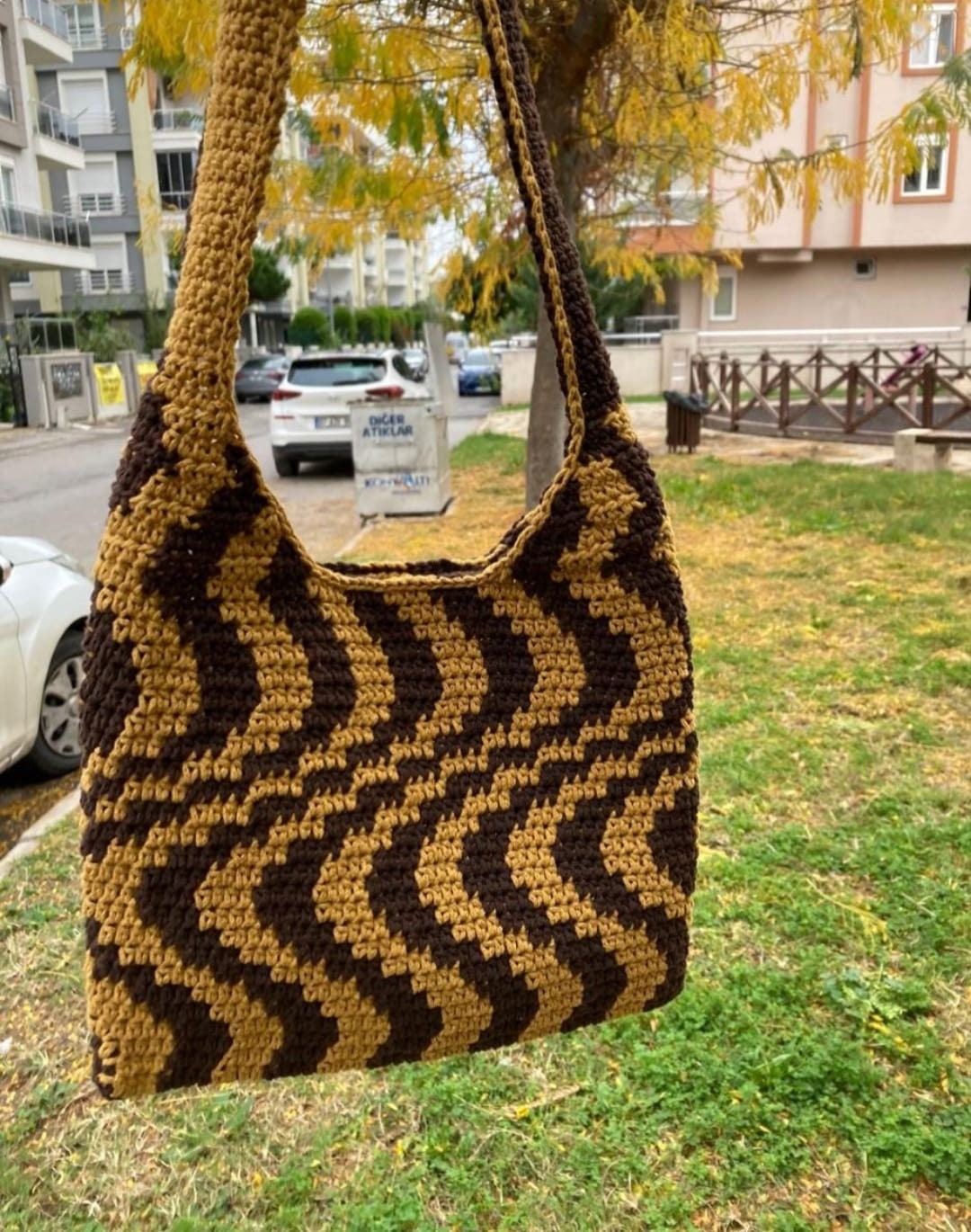 Handmade Brown Swirly Crochet Bag, Baguette Shoulder Bag, Hot Girl ...
