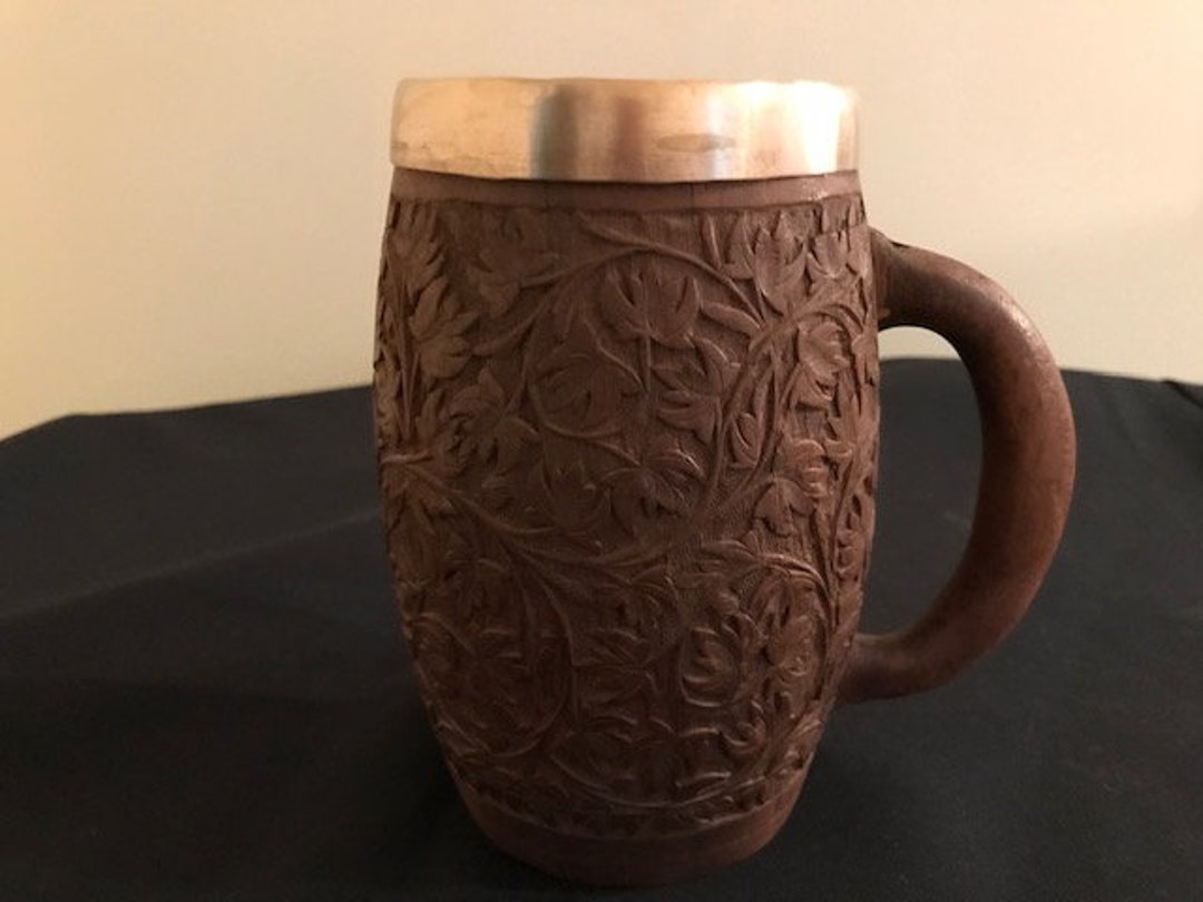 Vintage Hand Carved Wooden Mug With Brass Insert. Wood Tankard/beer ...