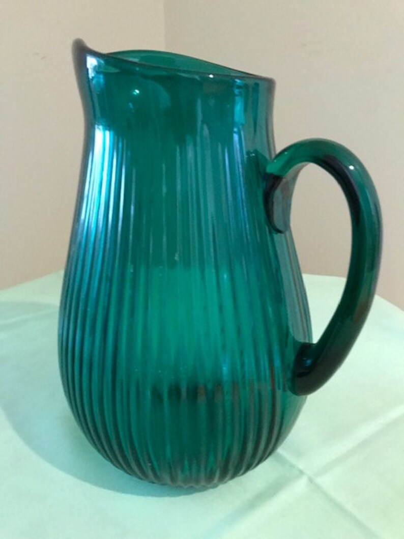 Emerald Green Glass Ribbed Pitcher - Etsy