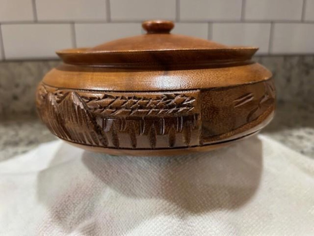 Vintage Genuine Monkey Pod Wood Round Bowl or Dresser Box,trinket Box ...