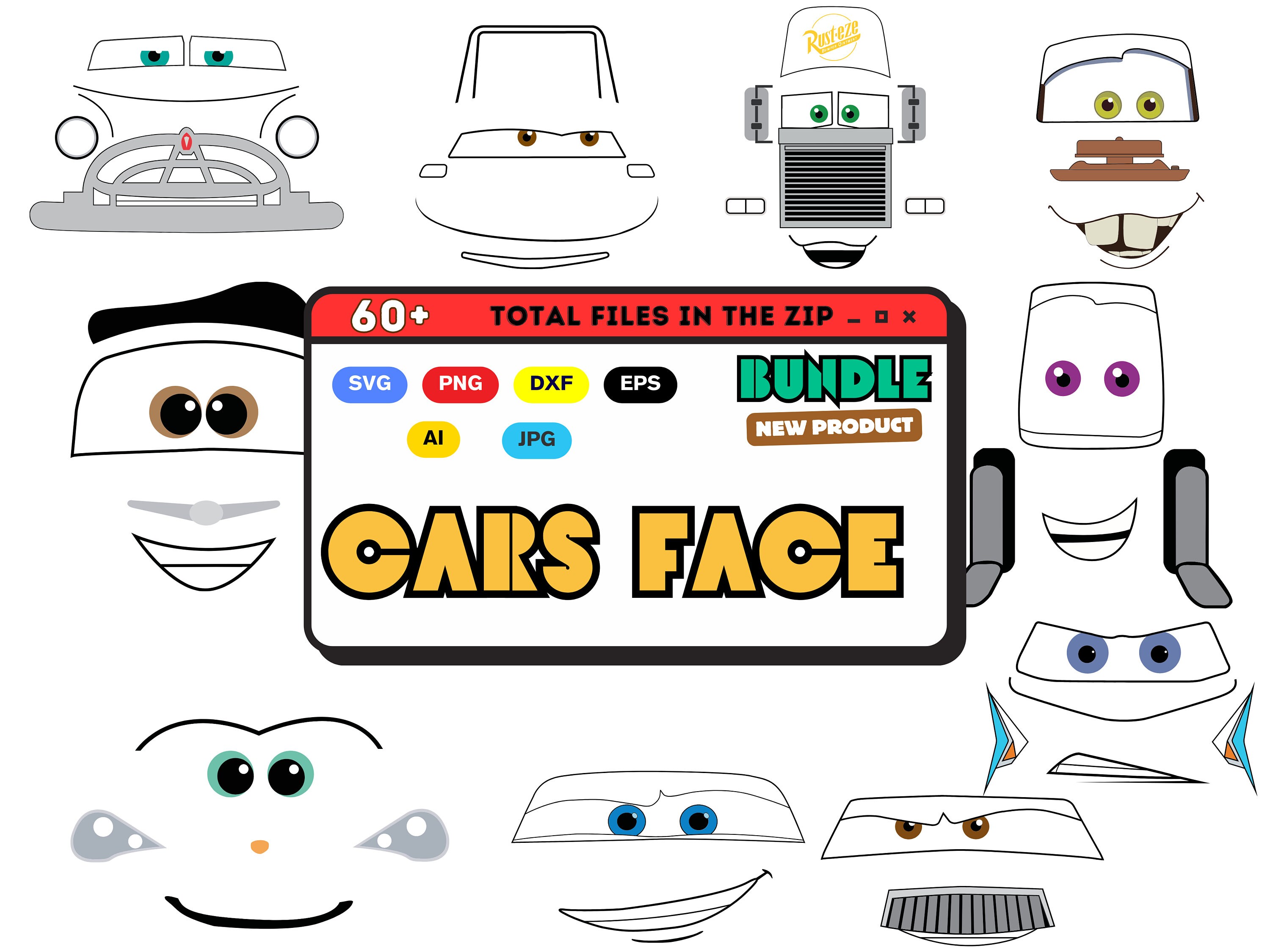 Cars Faces SVG, DXF, Png, Eps, Pdf, Jpg Bundle, Cut File for Cricut and ...