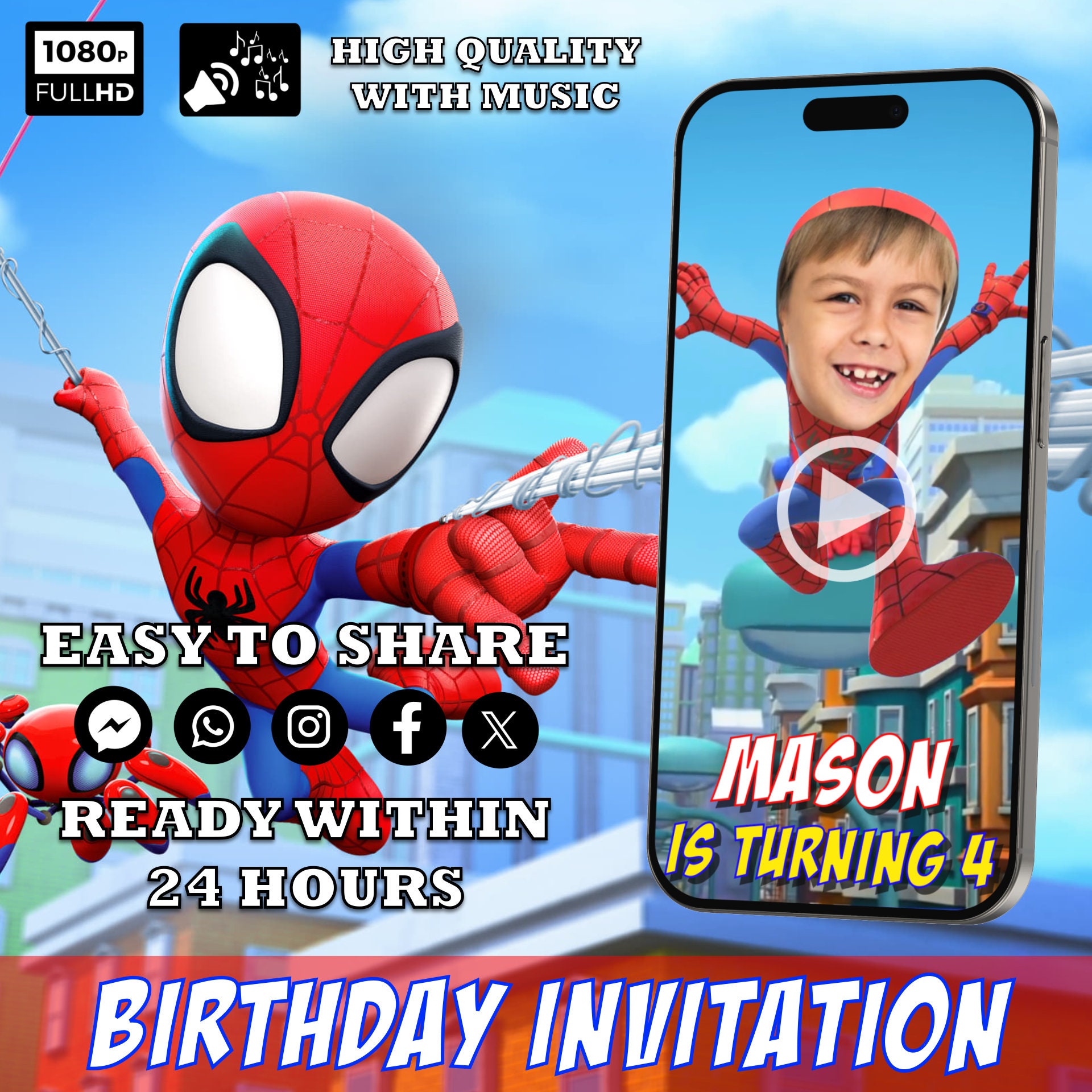 Spidey and His Amazing Friends Birthday Invitation, Spidey Digital ...