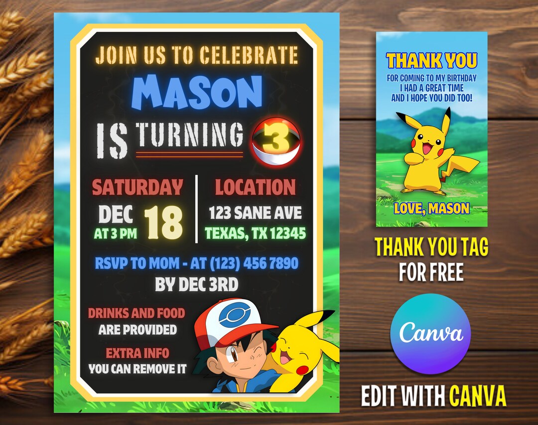 Pokemon Invitation, Pokemon Birthday, Pokemon Printable, Pikachu ...