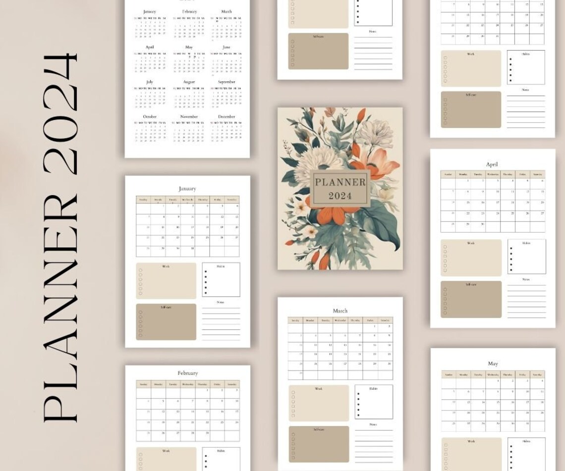 2024 Floral Monthly Planner Template Canva Planner Monthly Work & Self ...