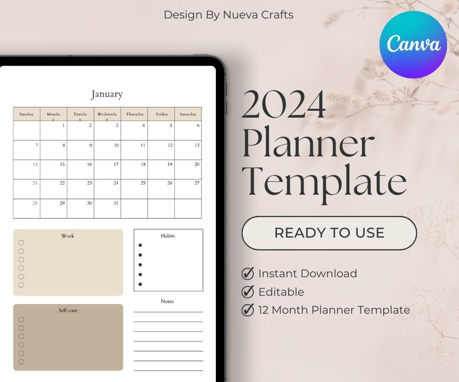 2024 Floral Monthly Planner Template Canva Planner Monthly Work & Self ...