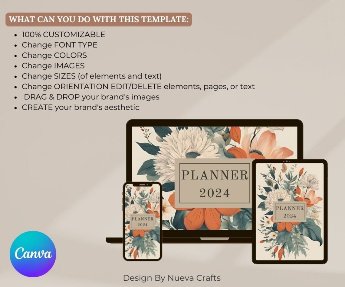 2024 Floral Monthly Planner Template Canva Planner Monthly Work & Self ...