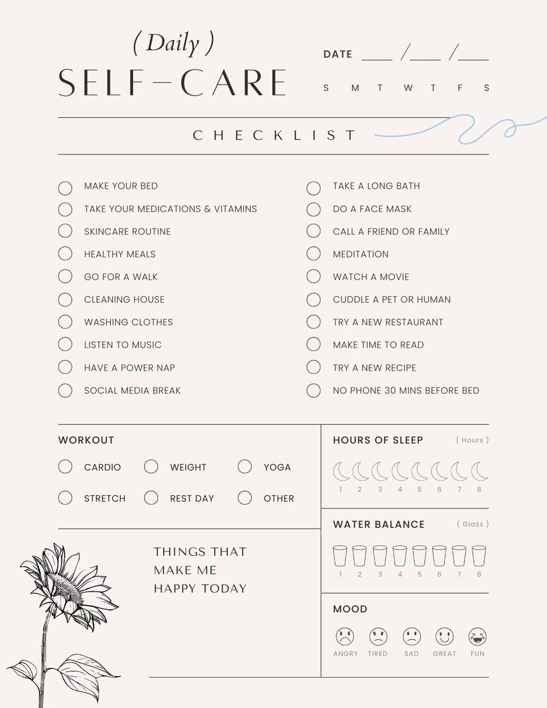Self Care Checklist, Printable, Instant Download, Minimal Checklist ...
