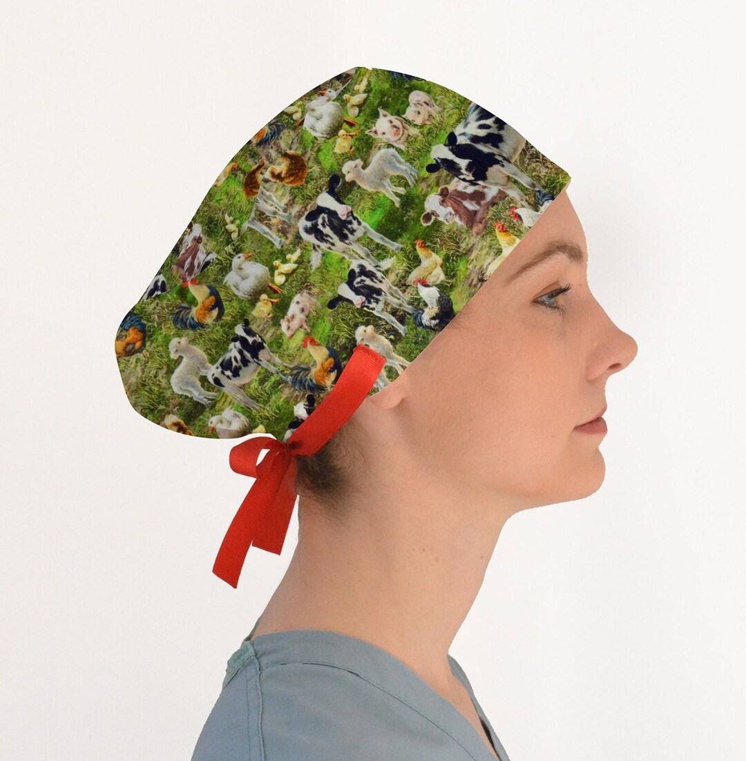 Farm Scrub Cap, Chicken Cow and Pig Country Scrub Cap, Euro Style ...