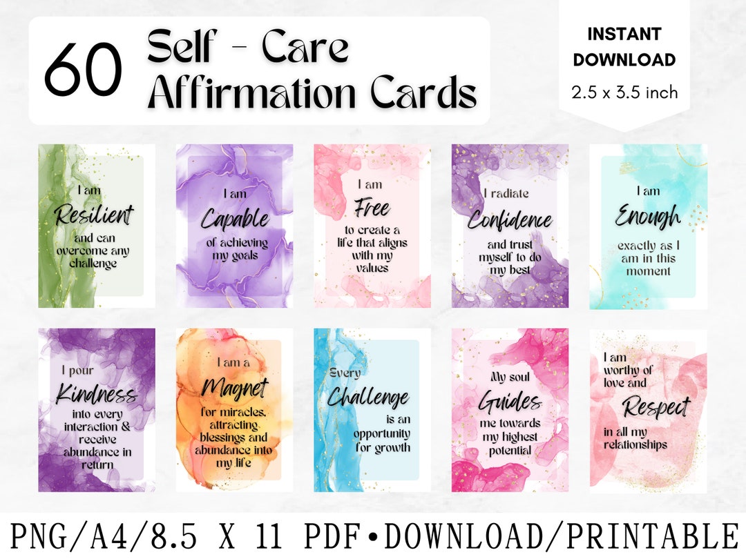 60 Self Care Affirmation Cards, Daily Affirmation Cards, Printable Self ...