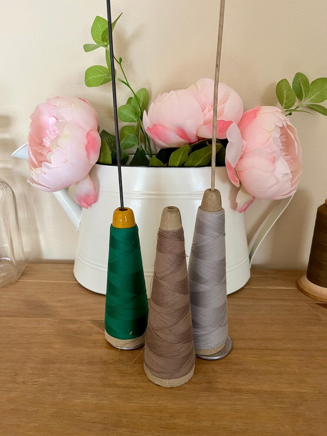 Two Weighted Metal Spool Holders With Three Cones of Thread, Vintage ...