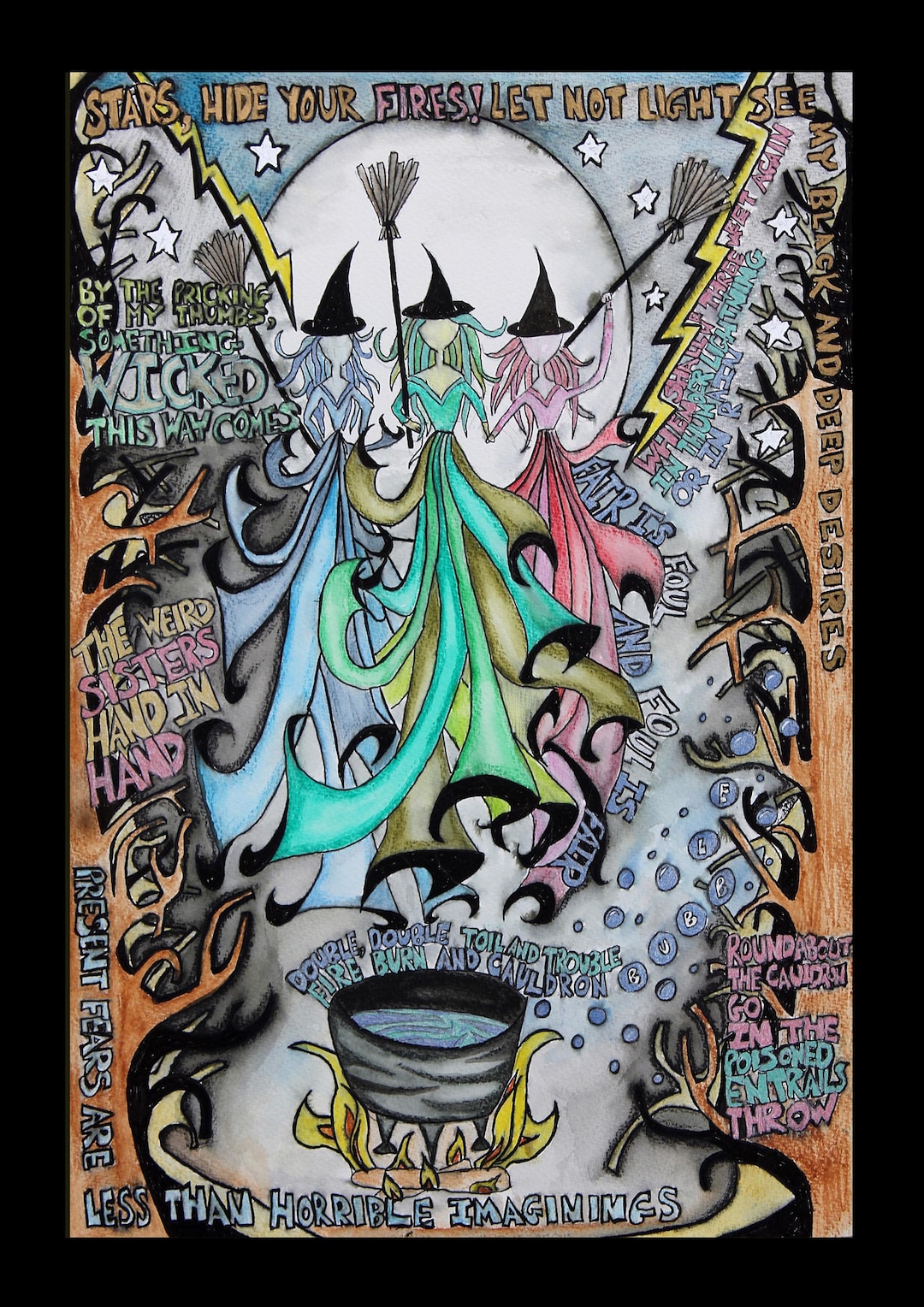 Digital Download File A4 Shakespeare Macbeth Witches Collage in Pen and ...