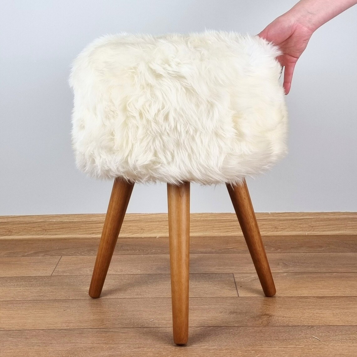 White Sheepskin Stool With Oak Legs Light Small Chair Furry Ottoman - Etsy