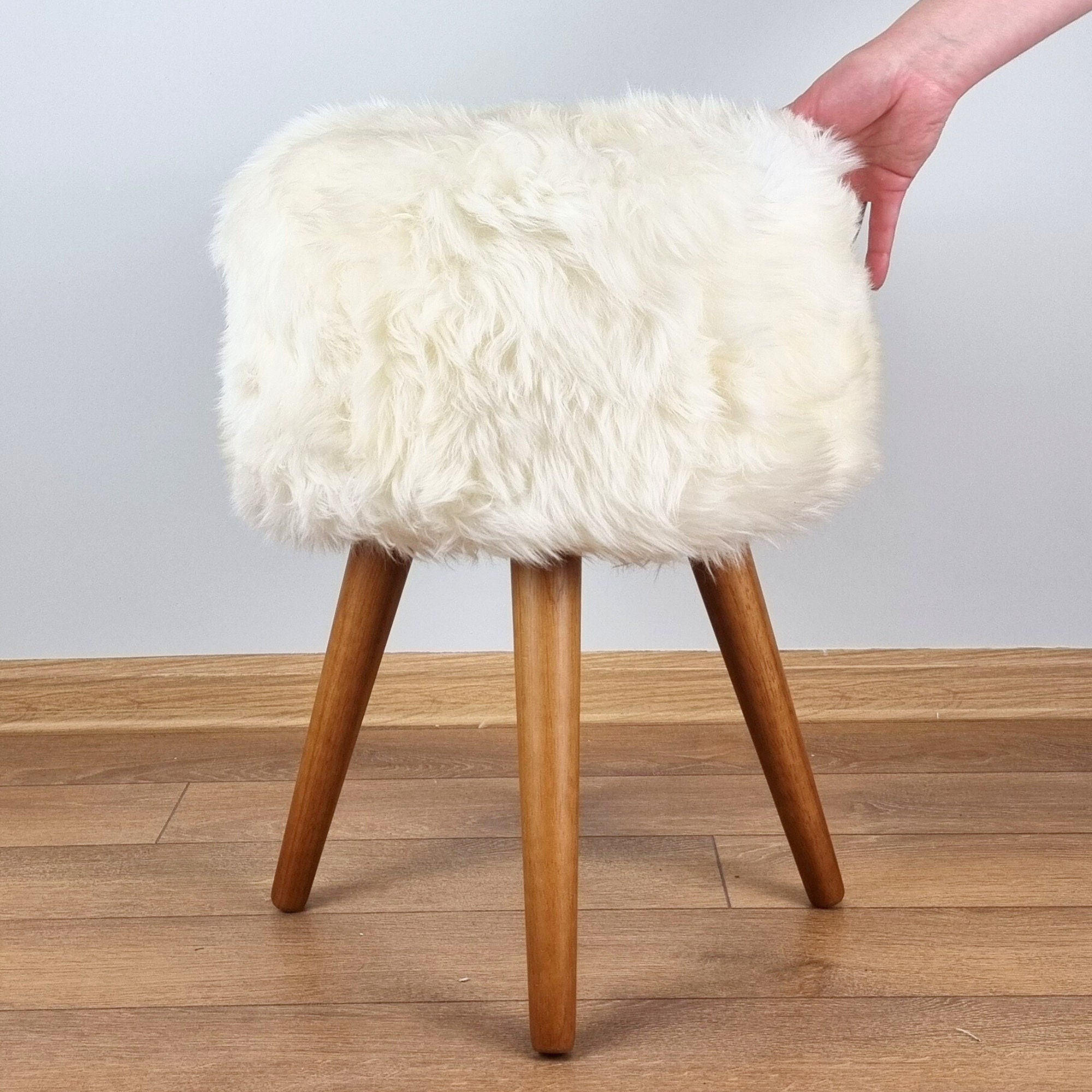 White Sheepskin Stool With Oak Legs Light Small Chair Furry Ottoman - Etsy