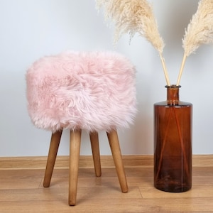 Pink Sheepskin Vanity Stool With Wooden Legs Girl's Room Decor Natural ...