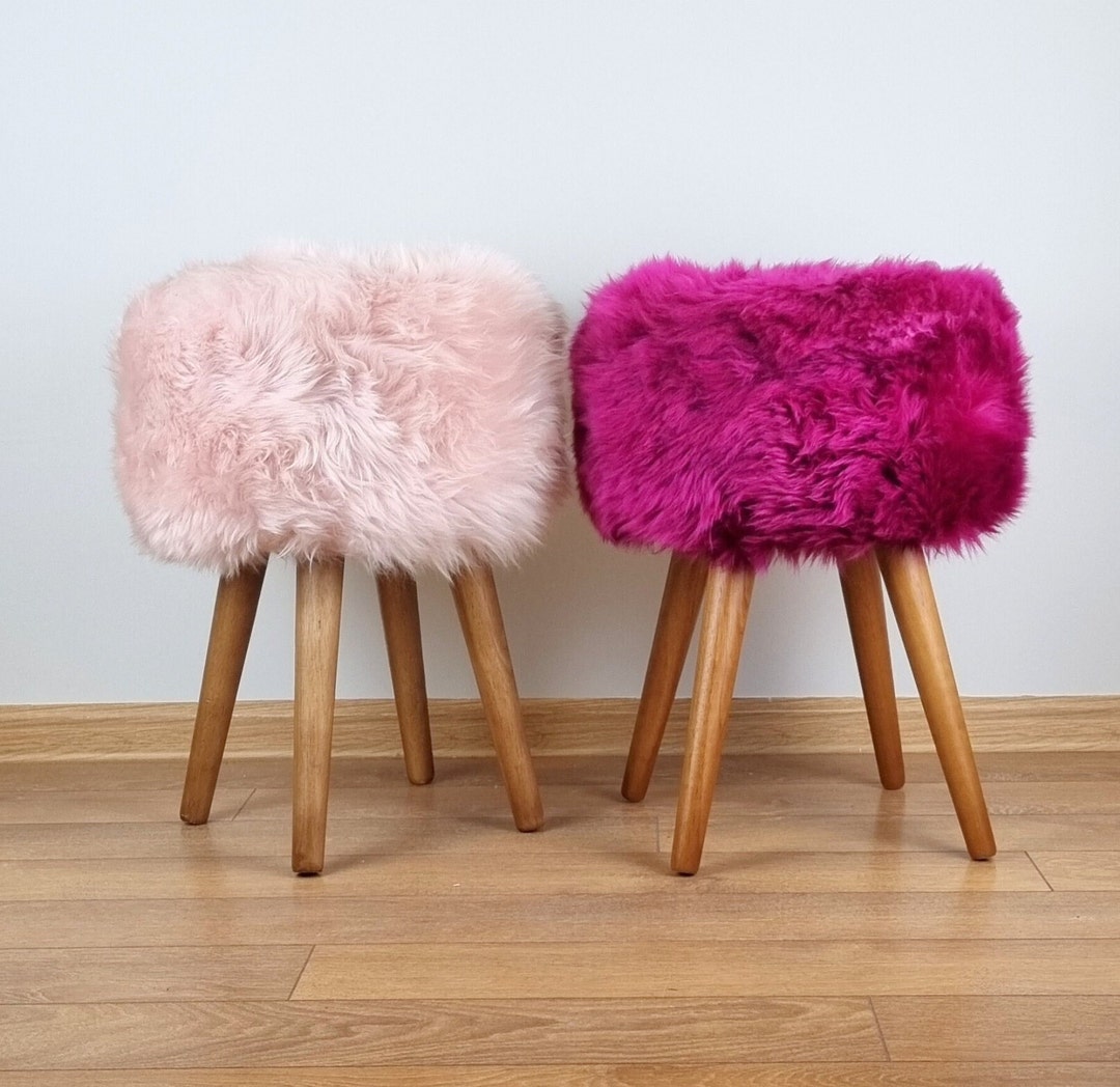 Pink Sheepskin Vanity Stool With Wooden Legs Girl's Room Decor Natural ...