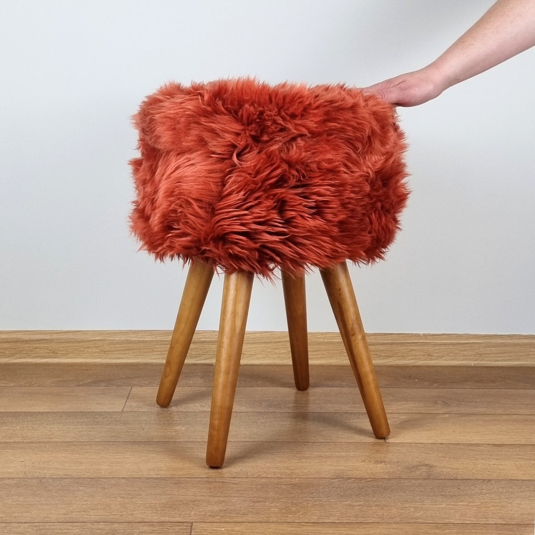Red Sheepskin Stool With Wooden Legs | Stool for Kid's Room - Etsy