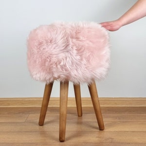 Pink Sheepskin Vanity Stool With Wooden Legs Girl's Room Decor Natural ...