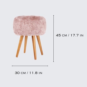 Pink Sheepskin Vanity Stool With Wooden Legs Girl's Room Decor Natural ...