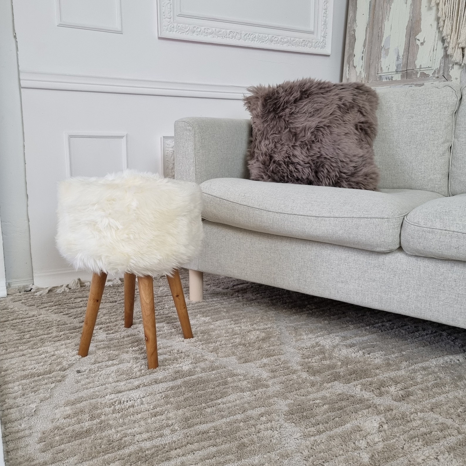 White Sheepskin Stool With Oak Legs Light Small Chair Furry Ottoman - Etsy