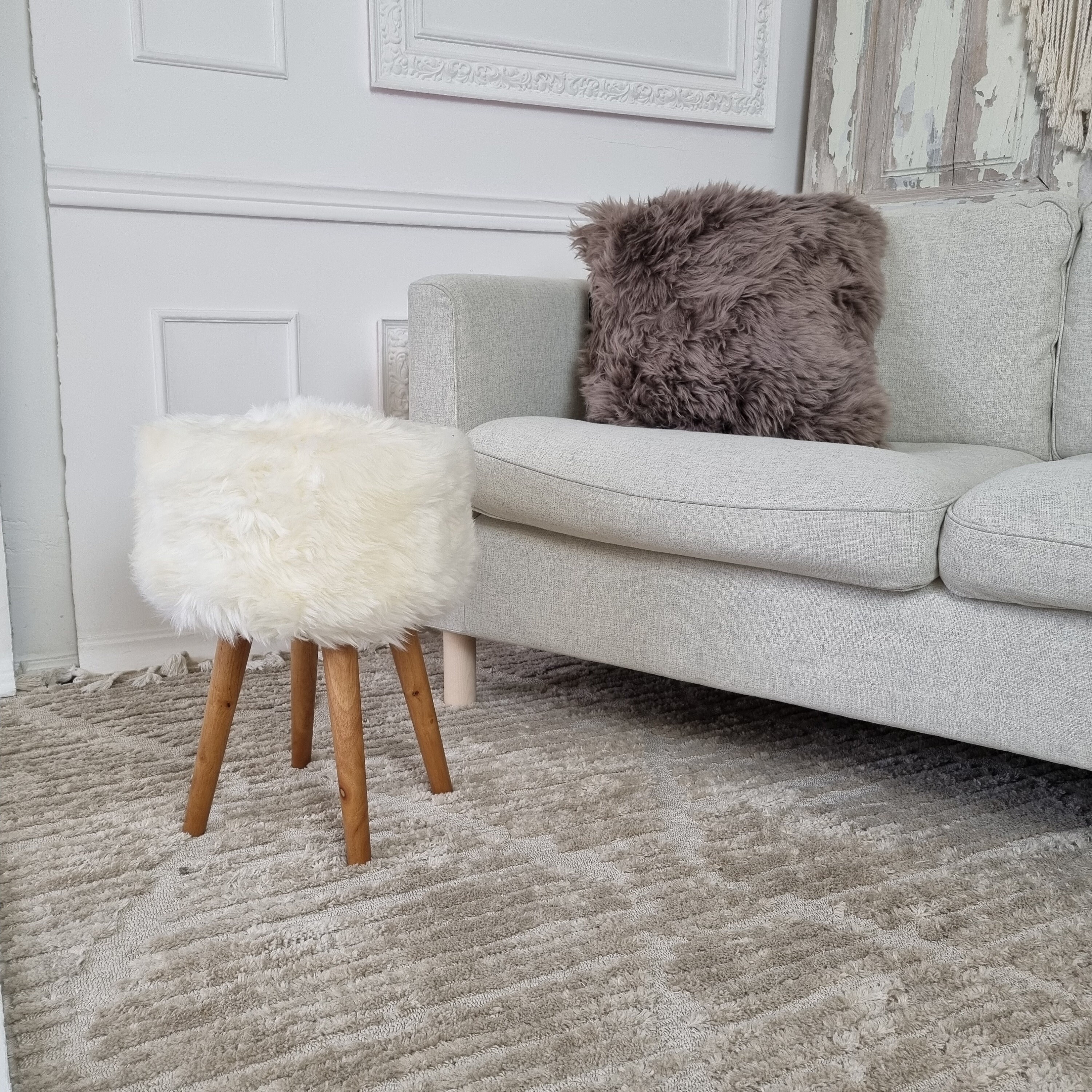 White Sheepskin Stool With Oak Legs Light Small Chair Furry Ottoman - Etsy