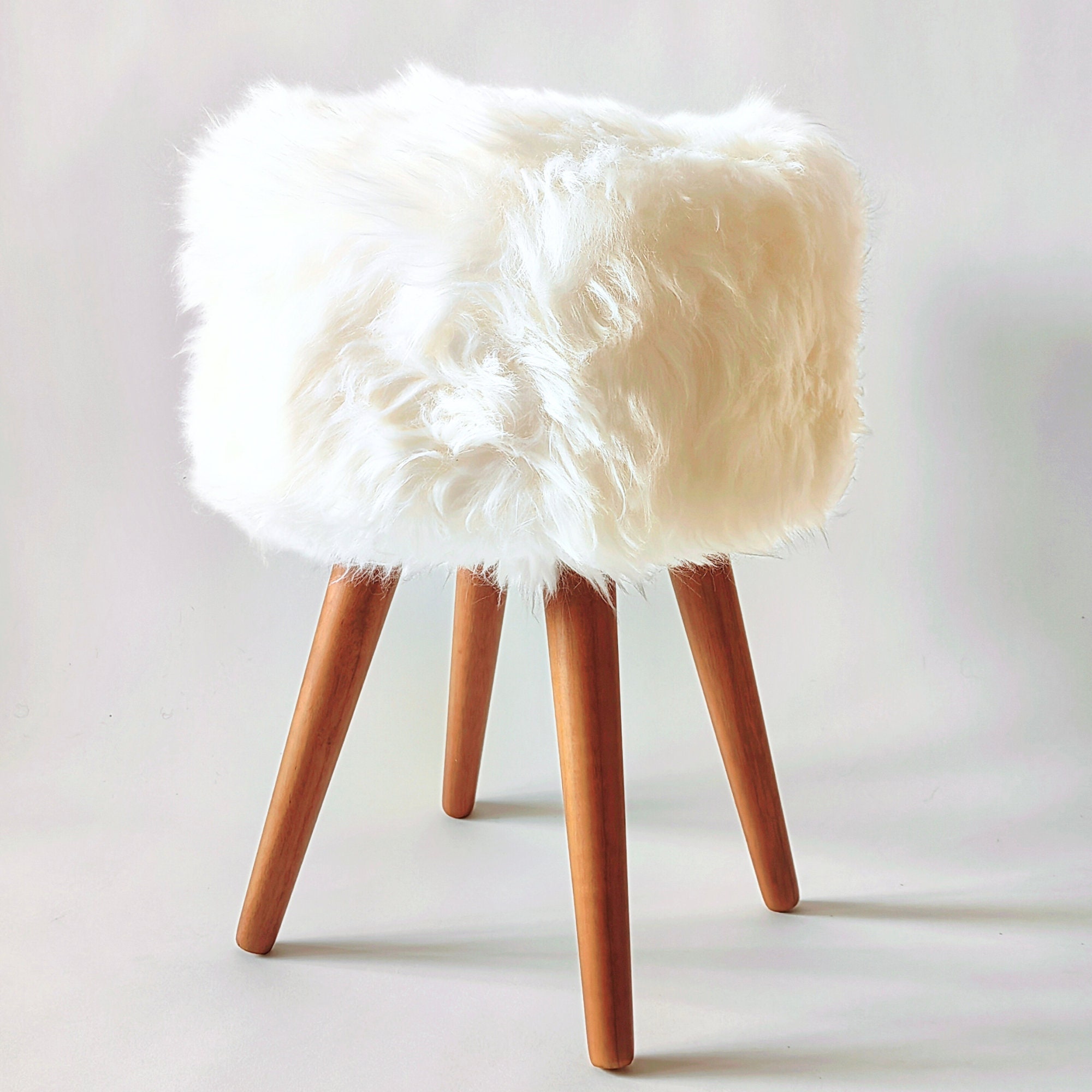 White Sheepskin Stool With Oak Legs Light Small Chair Furry Ottoman - Etsy