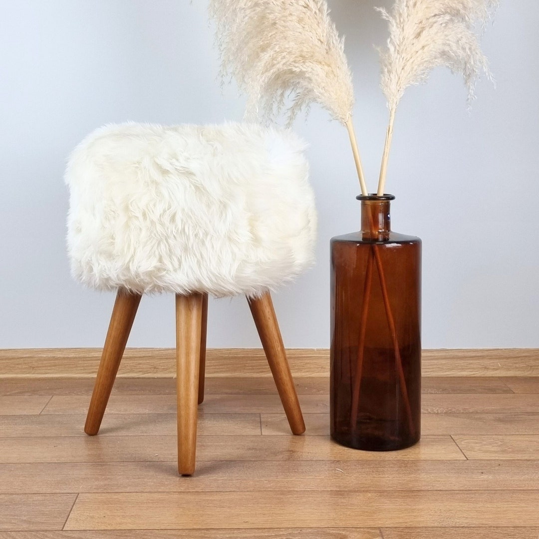 White Sheepskin Stool With Oak Legs Light Small Chair Furry Ottoman - Etsy