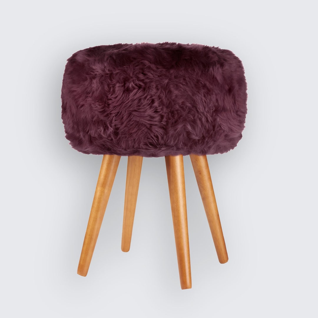 Plum Purple Sheepskin Stool With Oak Legs Natural Fur Chair Kid's Room ...