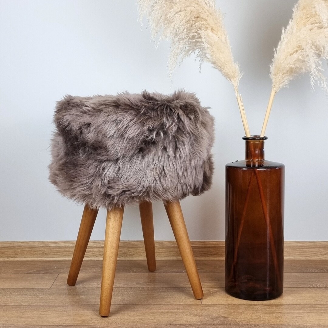 Taupe Brown Sheepskin Stool With Oak Legs | Fluffy Accent Chair & Furry ...