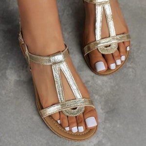 Beautiful Summer Sandals, Women's Sandals, Gold Color Open Toe Buckle Strap Shoes. - Etsy UK
