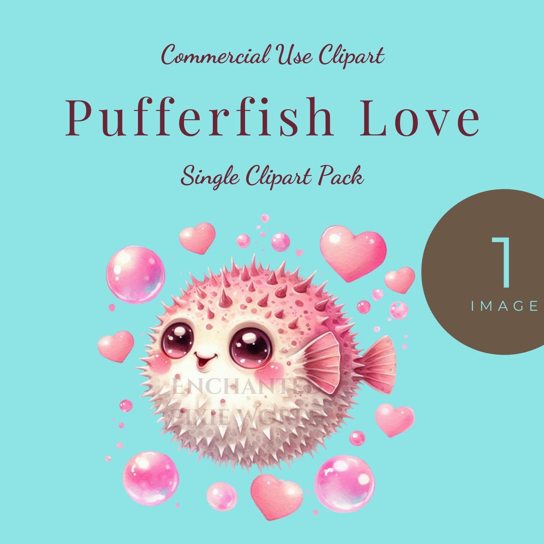 Pufferfish Love Clipart Quirky Watercolor Valentine Illustration With ...