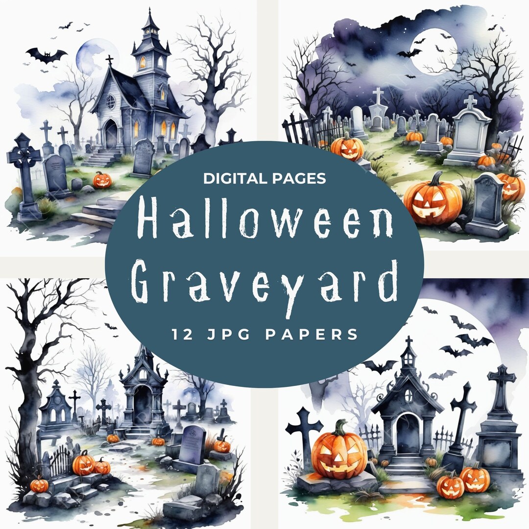 Creepy Halloween Graveyard Digital Papers Pages Horror Square Ephemera ...
