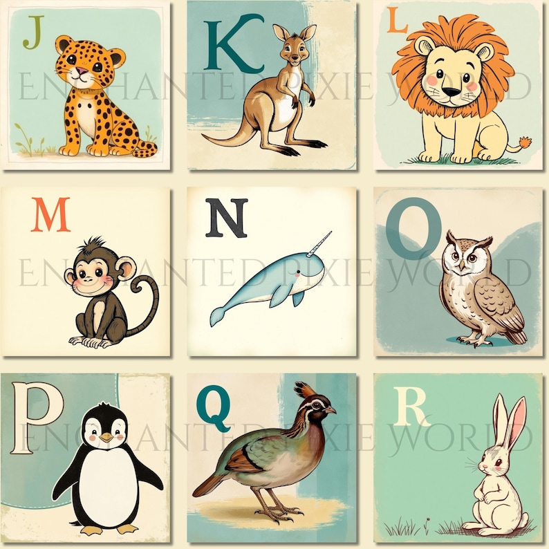 Vintage Animal Alphabet Cards – Illustrated Storybook-style Digital ...