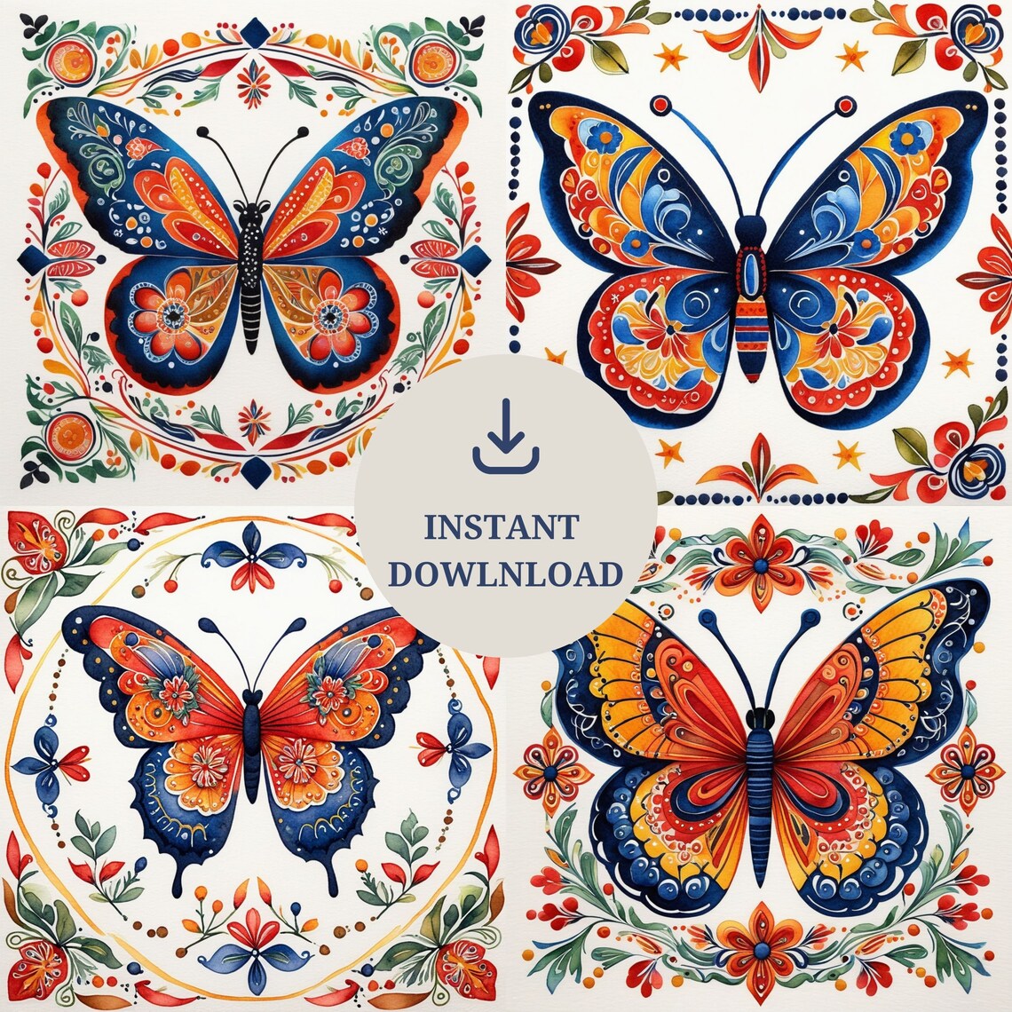 Primary Colors Nordic Folk Art Style Butterfly Traditional Scandinavian ...