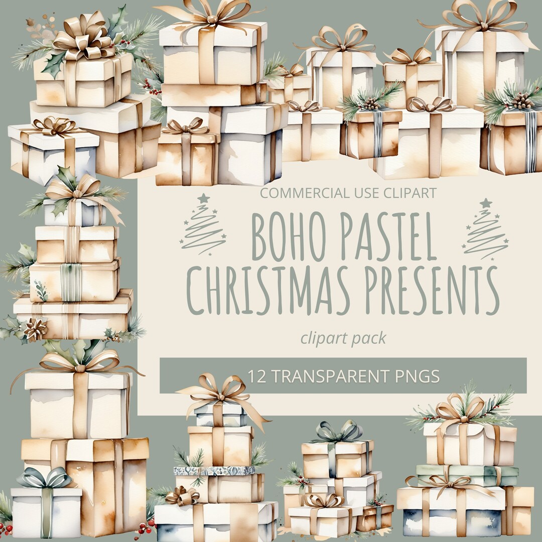 Boho Pastel Christmas Presents Clipart Pack Xmas Cream Watercolour Bow ...