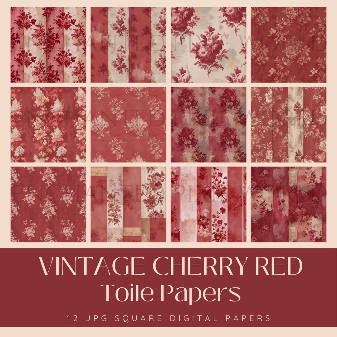 Cherry Red Toile Digital Paper Pack, Vintage Aesthetic Scrapbook ...
