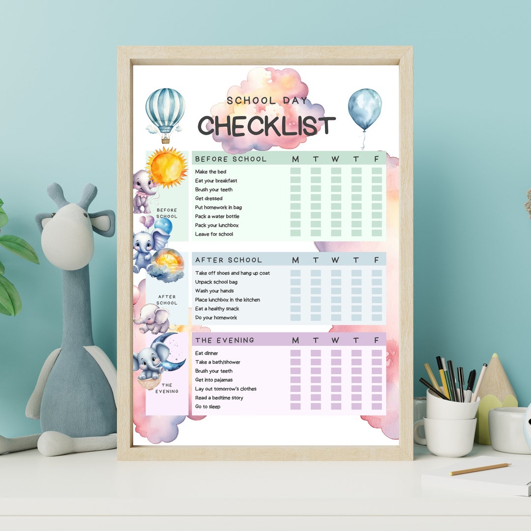 School Days Checklist Poster Organize Your Kids Routine Elephants ...
