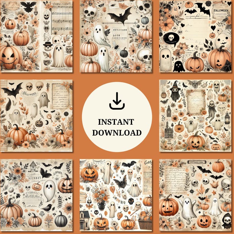 Rustic Cottagecore Halloween Digital Papers With Ghosts, Skulls ...