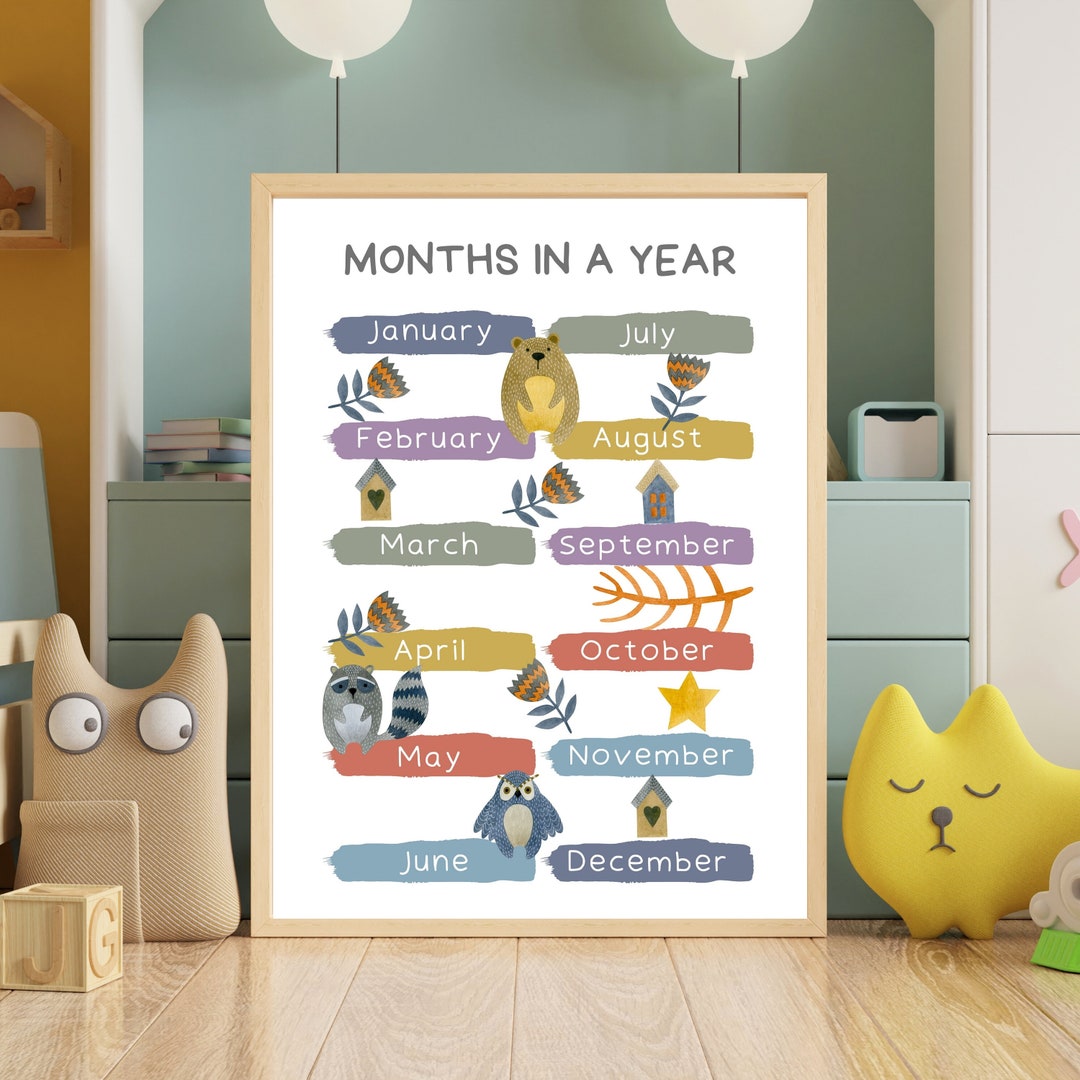 Months in a Year Forest Animals Poster Boho Kids Colorful Learning ...