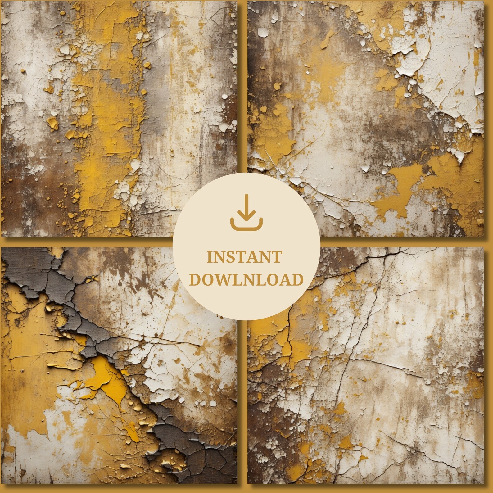 Mustard Yellow Square Digital Paper, Distressed Grunge Rustic Cream ...