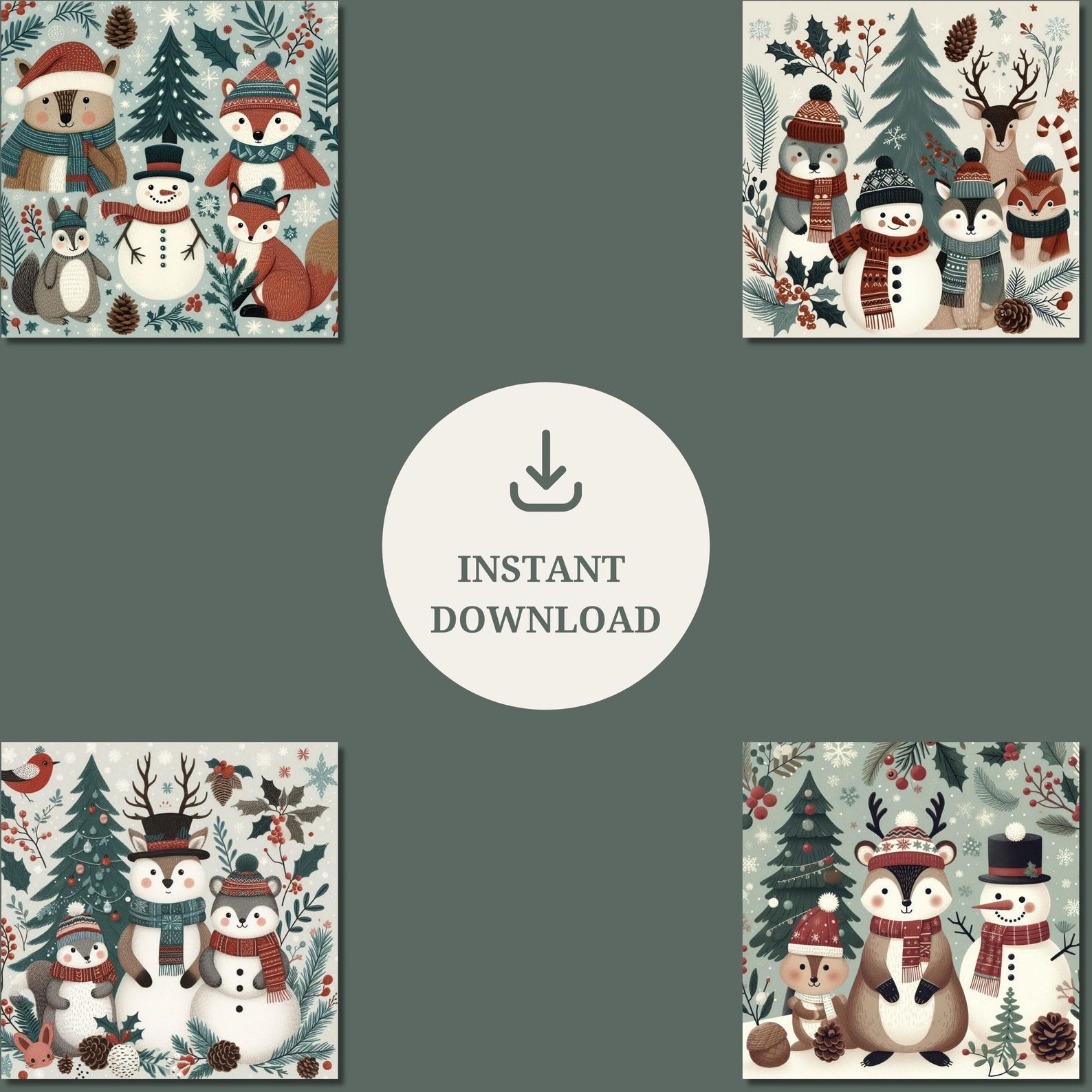 Norwegian Christmas Woodland Animals Digital Paper, Cute Winter Folk ...