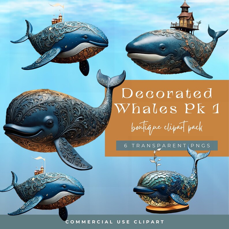 Fantasy Whale Clipart Pack | Surreal Ocean Castle, Whimsical Sea ...