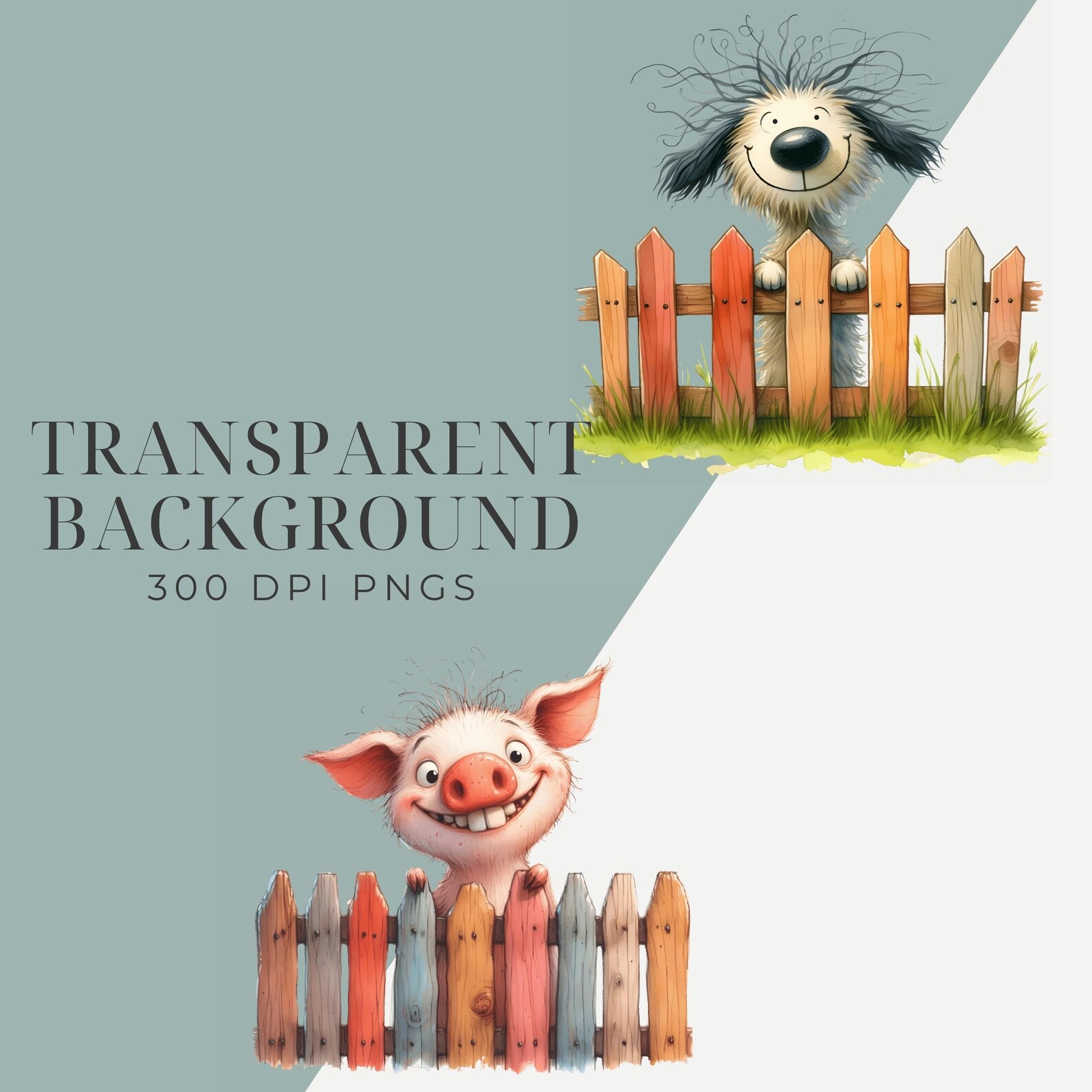 Goofy Farm Animals Behind Wooden Fence Clipart Pack, Colorful Funny ...