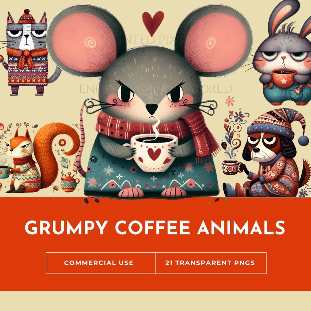 Grumpy Coffee Animals Clipart Pack - Whimsical Folk Art, Funny ...