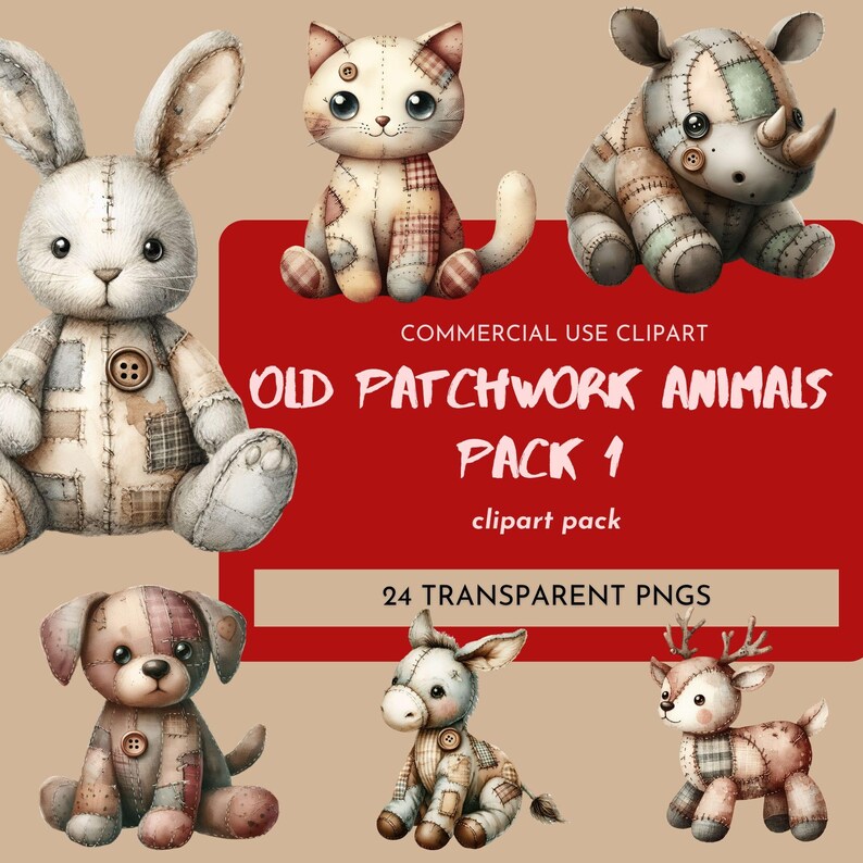 Adorable Old Stitched Animals Clipart Pack 1 | Patchwork Decoupage ...