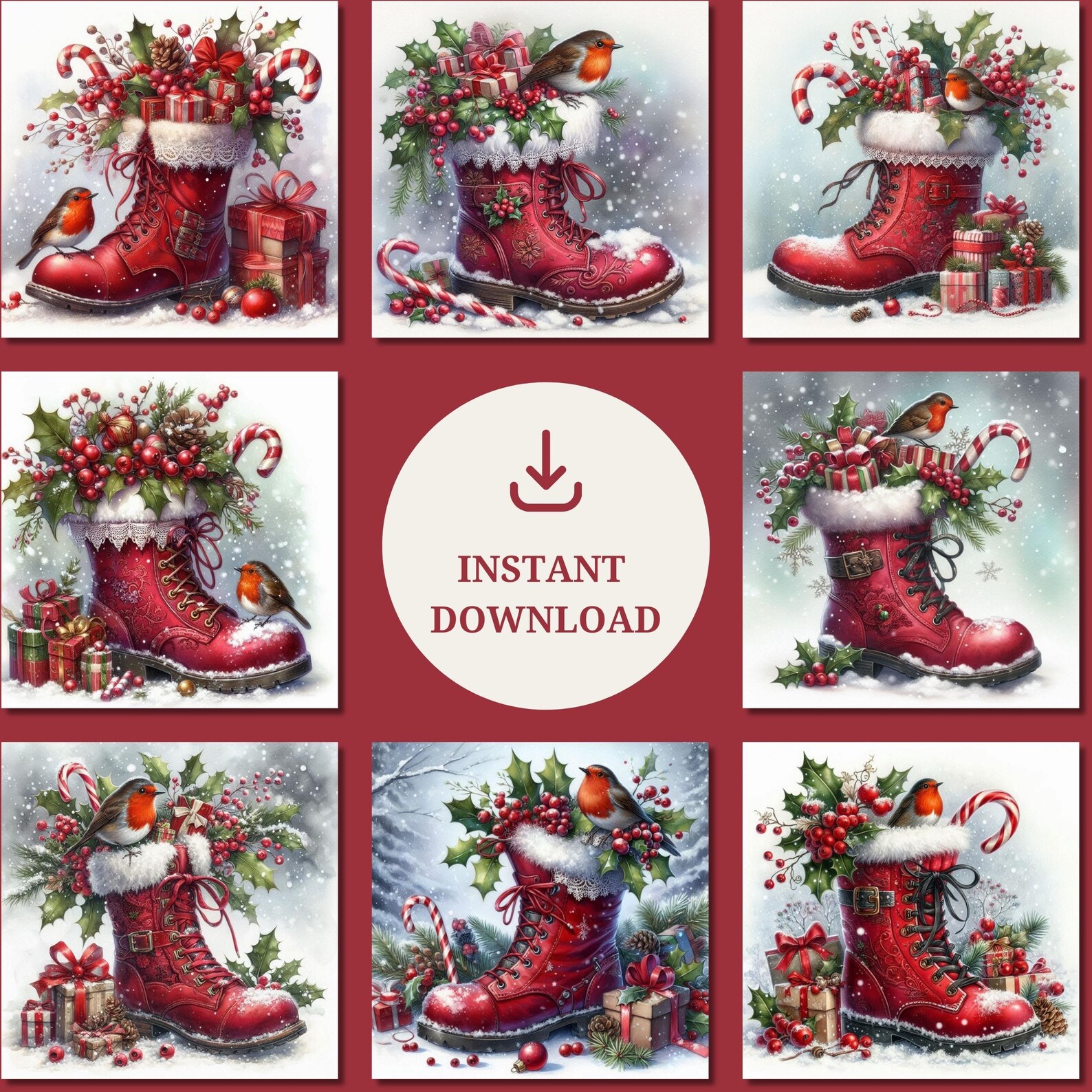 Santa&#039;s Boot Watercolour Printable, Red Shoe With Holly and Robin ...