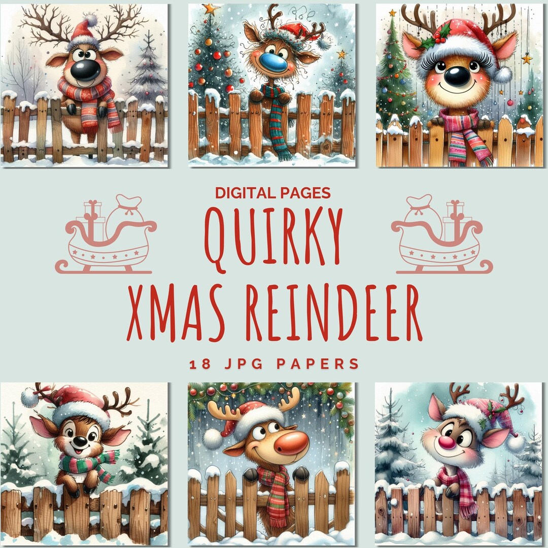 Quirky Reindeer Digital Paper Pack, Playful Holiday Deer, Cute Cartoon ...