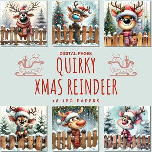 Quirky Reindeer Digital Paper Pack, Playful Holiday Deer, Cute Cartoon ...