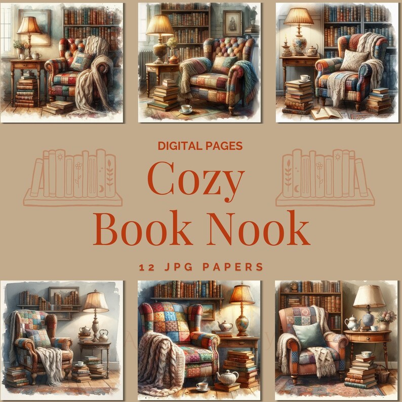 Cozy Book Nook Digital Paper Pack, Vintage Armchair, Patchwork Design ...