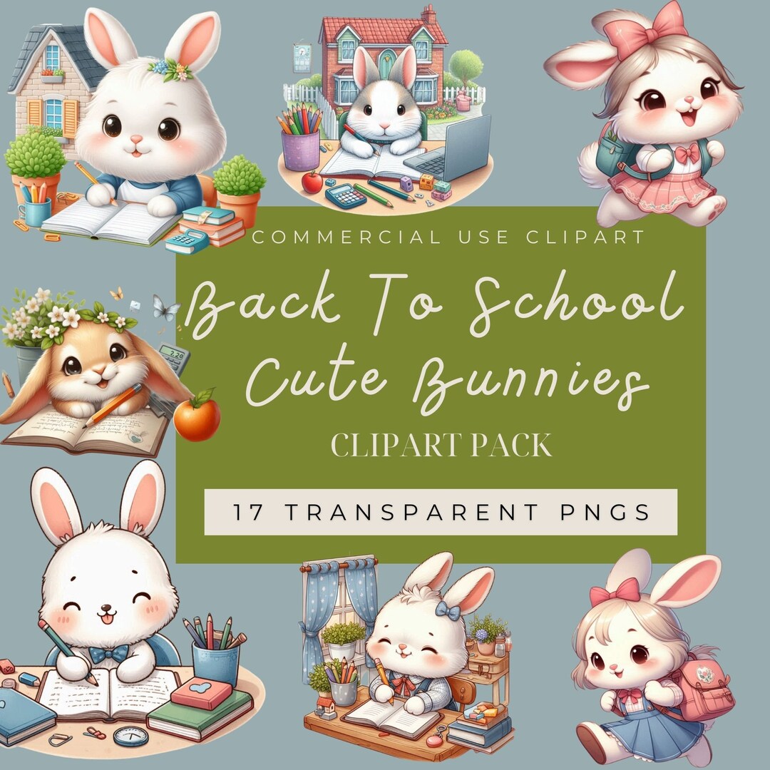 Back to School Bunny Rabbits Clipart Pack Teachers Pupils Digital Art ...